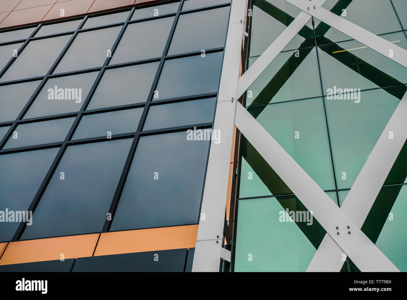Detail view of architecture, Boardwalk Mall, Waterloo. Metal, glass ...