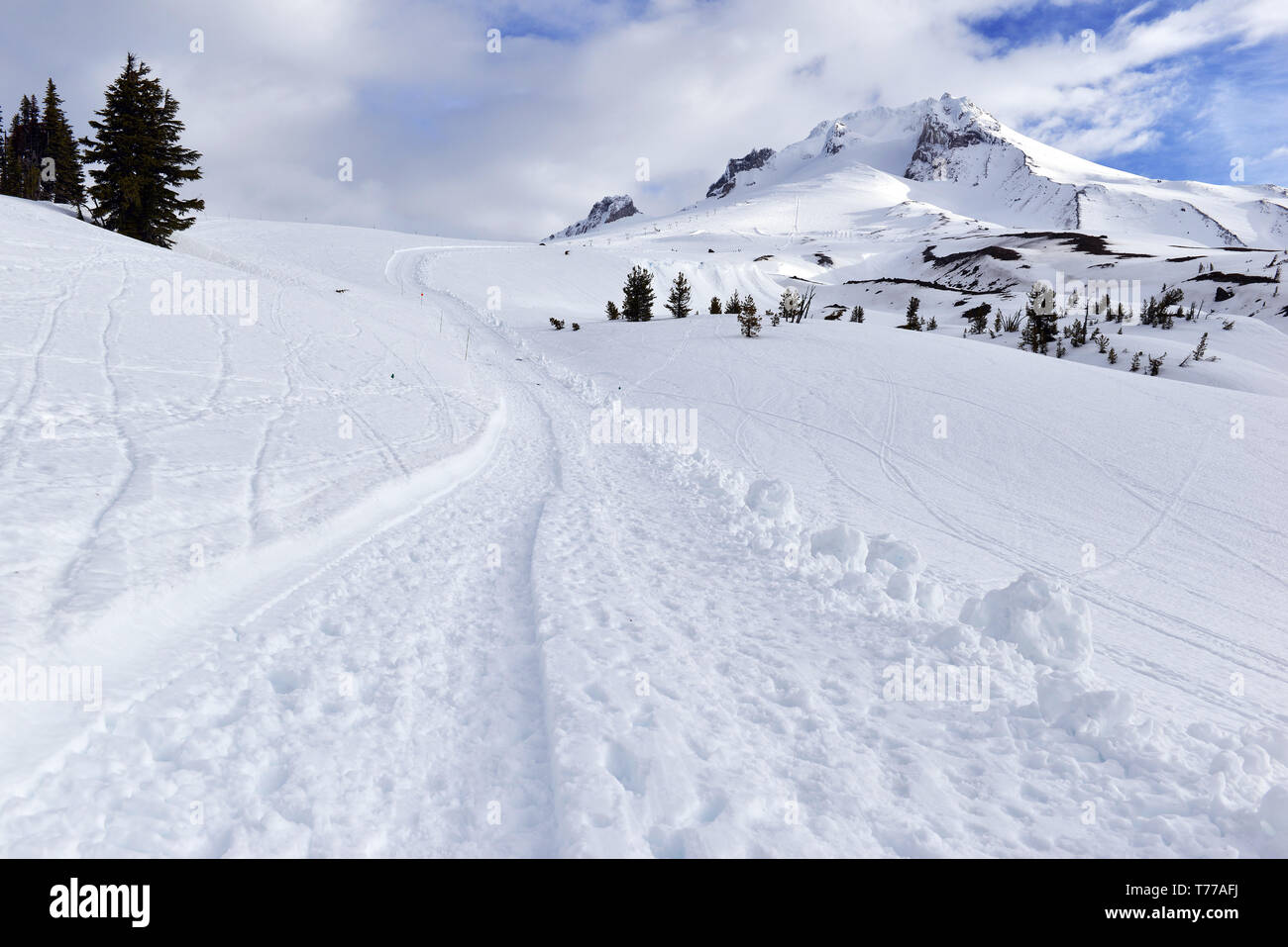 Snow covered terrain on Mount Hood, a volcano in the Cascade Mountains ...
