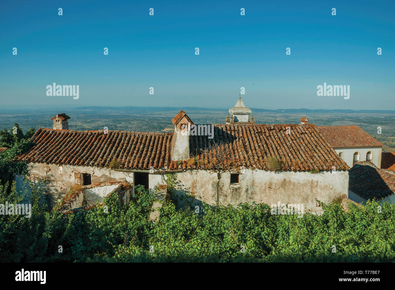 Old worn house and green bushes with landscape covered by trees and ...