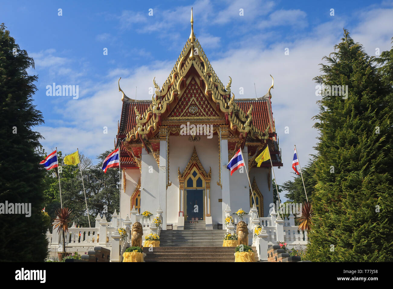 London, UK. 5th May 2019. Thailand national flags and royal colours are ...