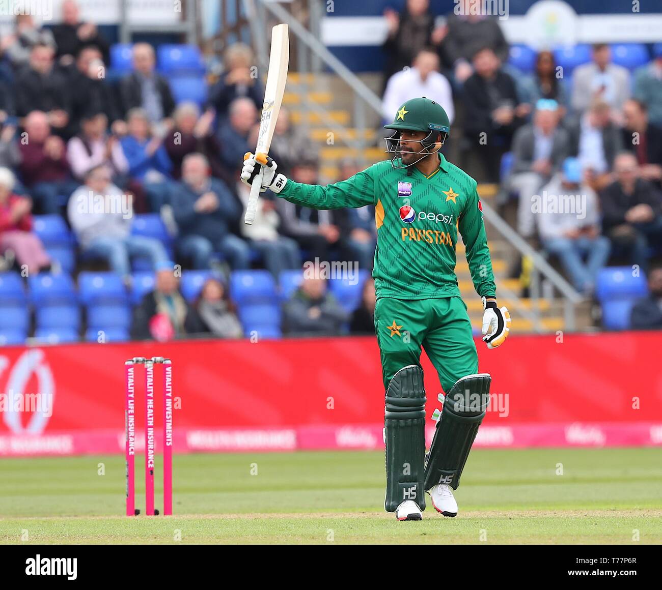 Cardiff, Wales, UK. 5th May 2019. Babar Azam of Pakistan celebrates ...