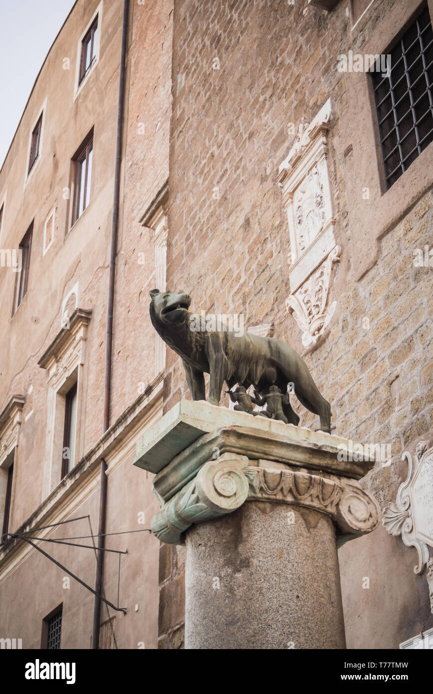Iconic statue of the legend of Romulus and Remus fed by the wolf in ...