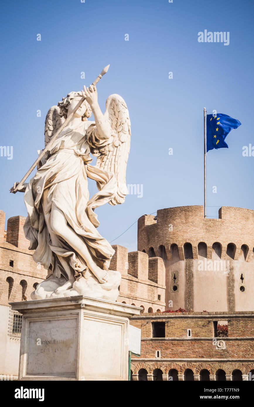 Statue of an angel in front of the castle of Rome Italy with the ...