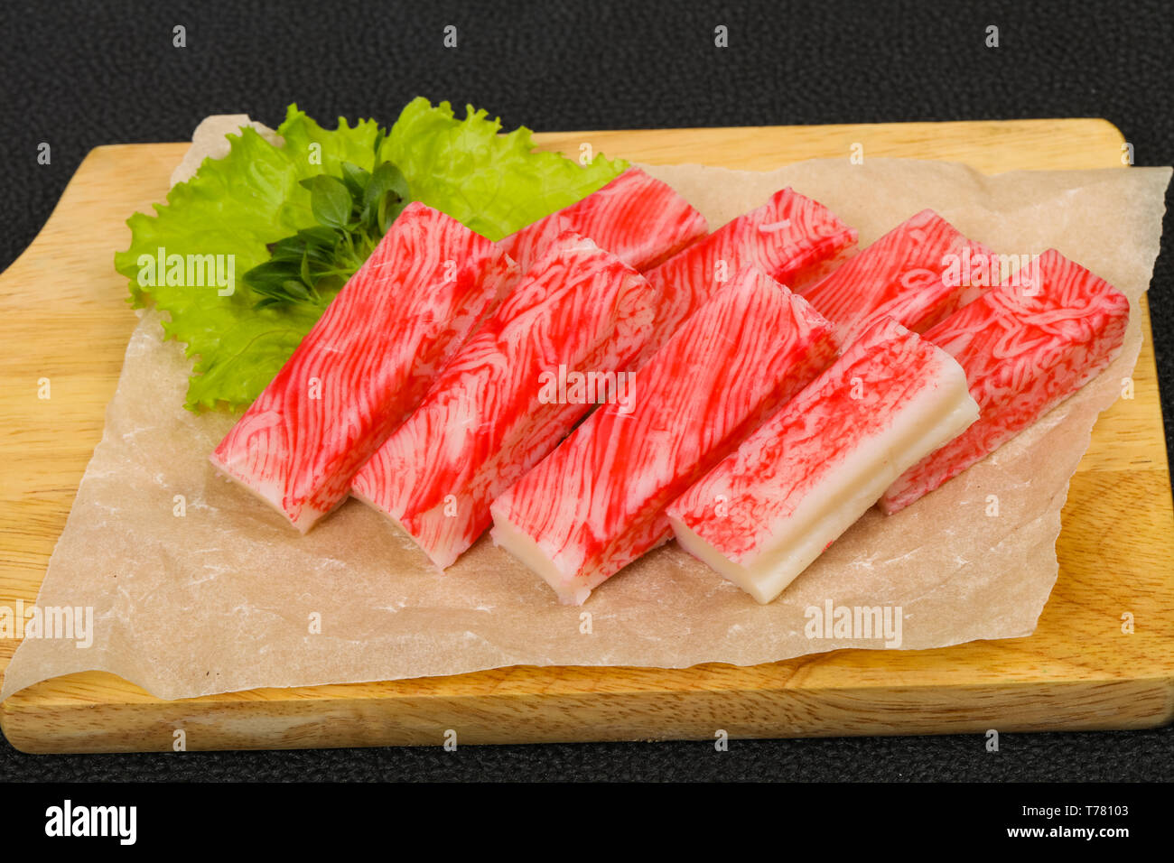 Crab surimi stick served salad leaves Stock Photo - Alamy