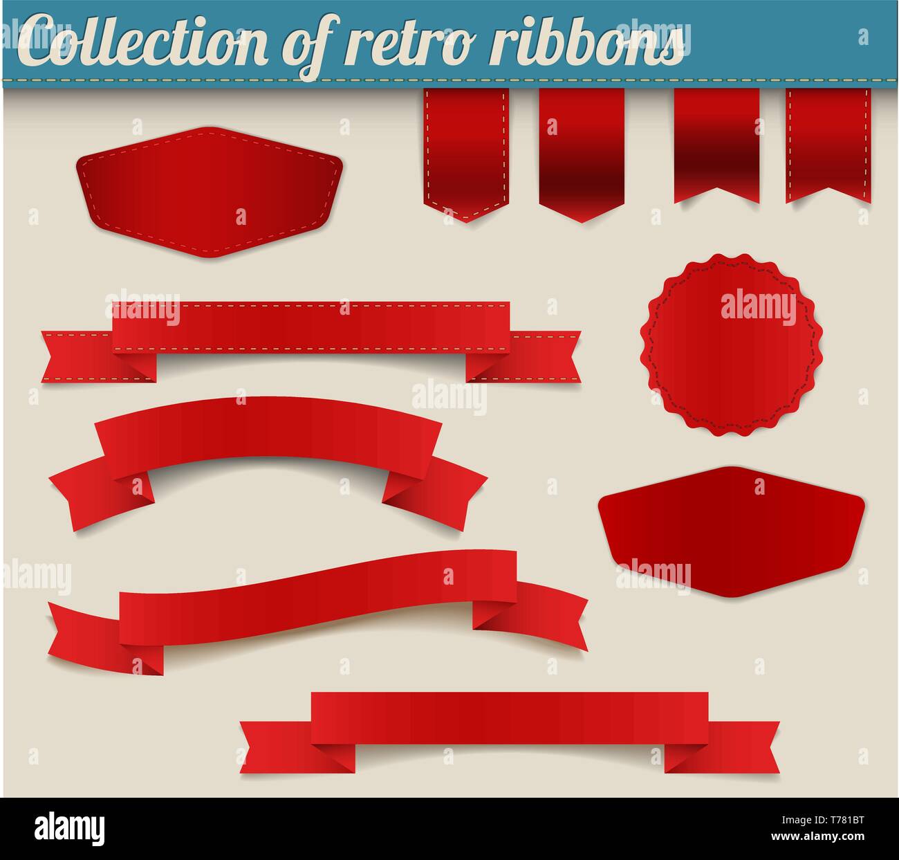 Set of red vector retro ribbons, labels, stickers, tabs and tags Stock ...