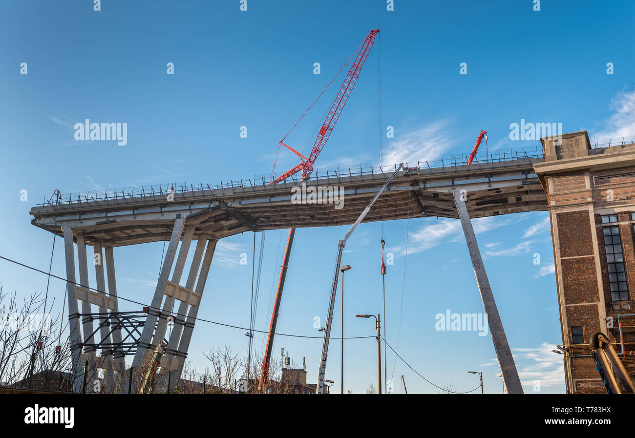 Genoa, Genova, Italy: Demolition work, dismantling works to disassemble ...