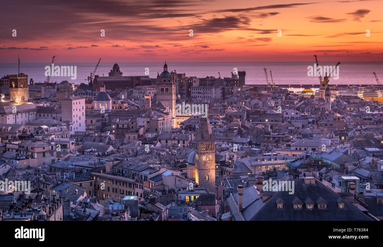 Genova, Italy: Beautiful sunset aerial panoramic view of Genoa historic ...