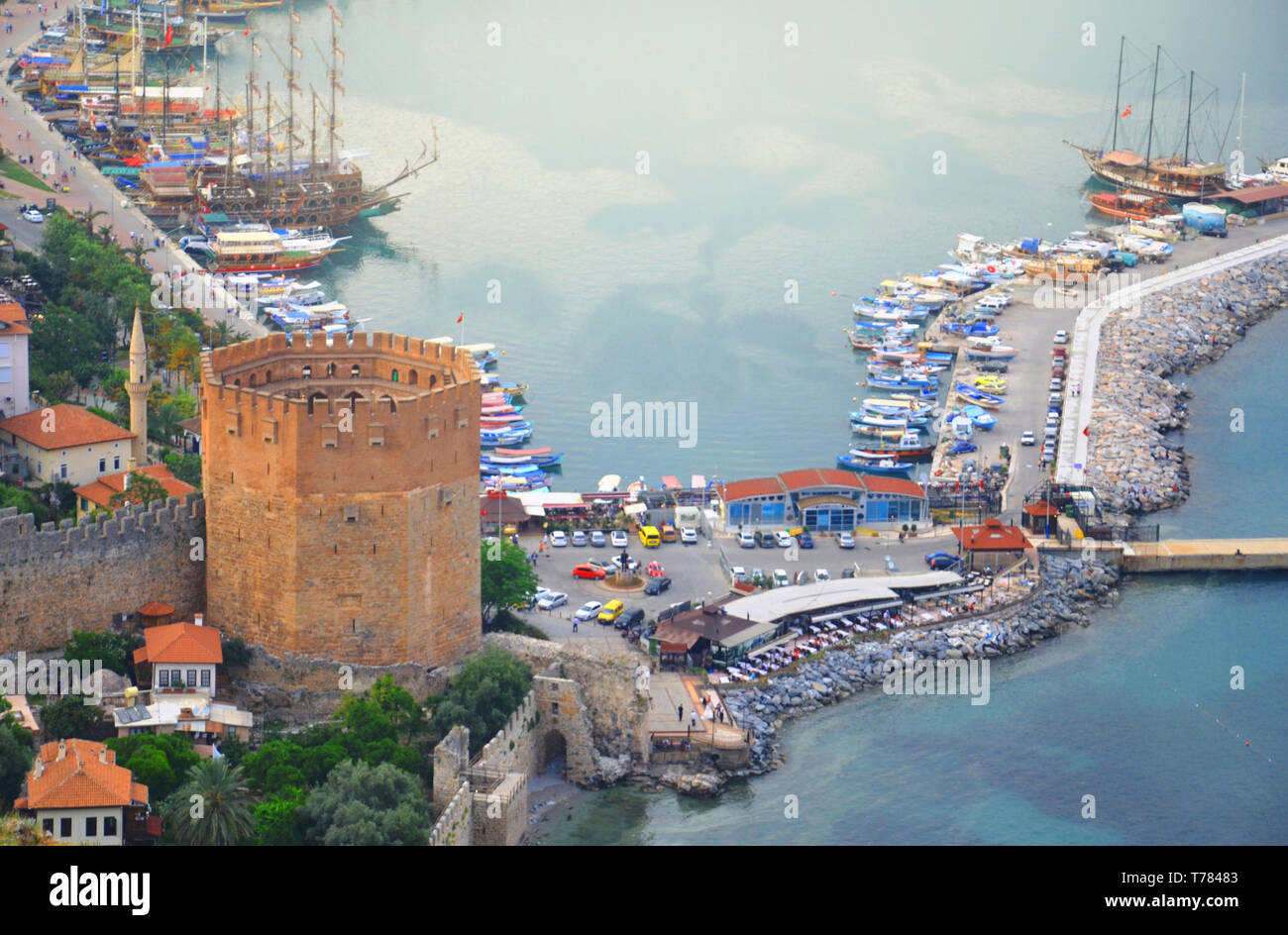 Beautiful panorama of the Bay of Antalya, old harbour and tower Stock ...
