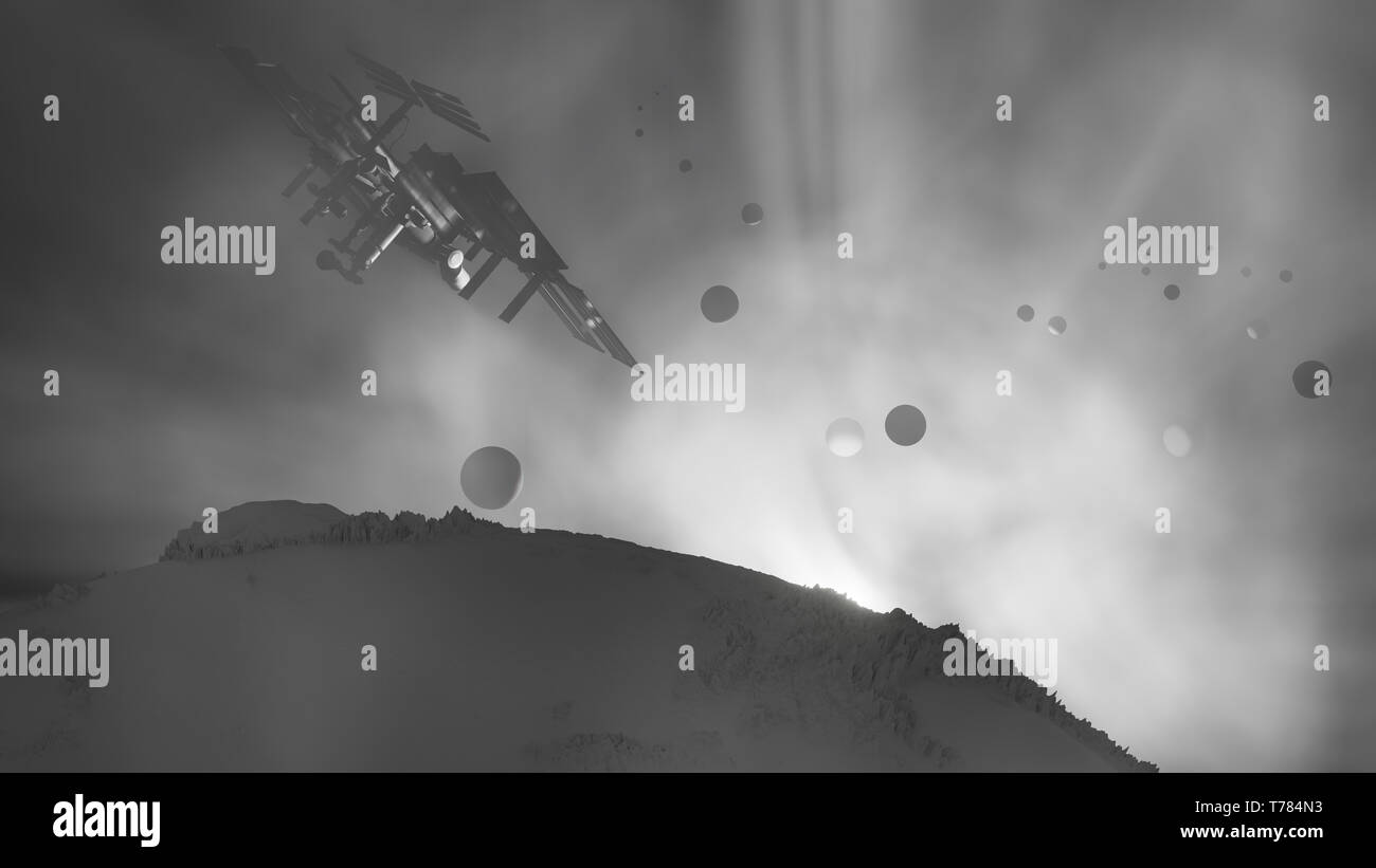 Planets, ISS and the sun in cosmic fog. 3D illustration Stock Photo - Alamy