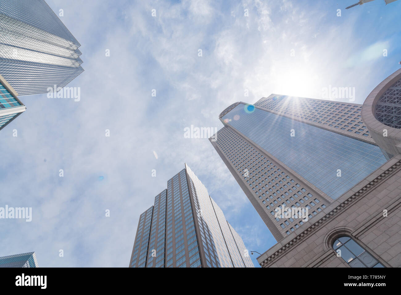 Low perspective angle view of Dallas skylines with cloud blue sky Stock ...