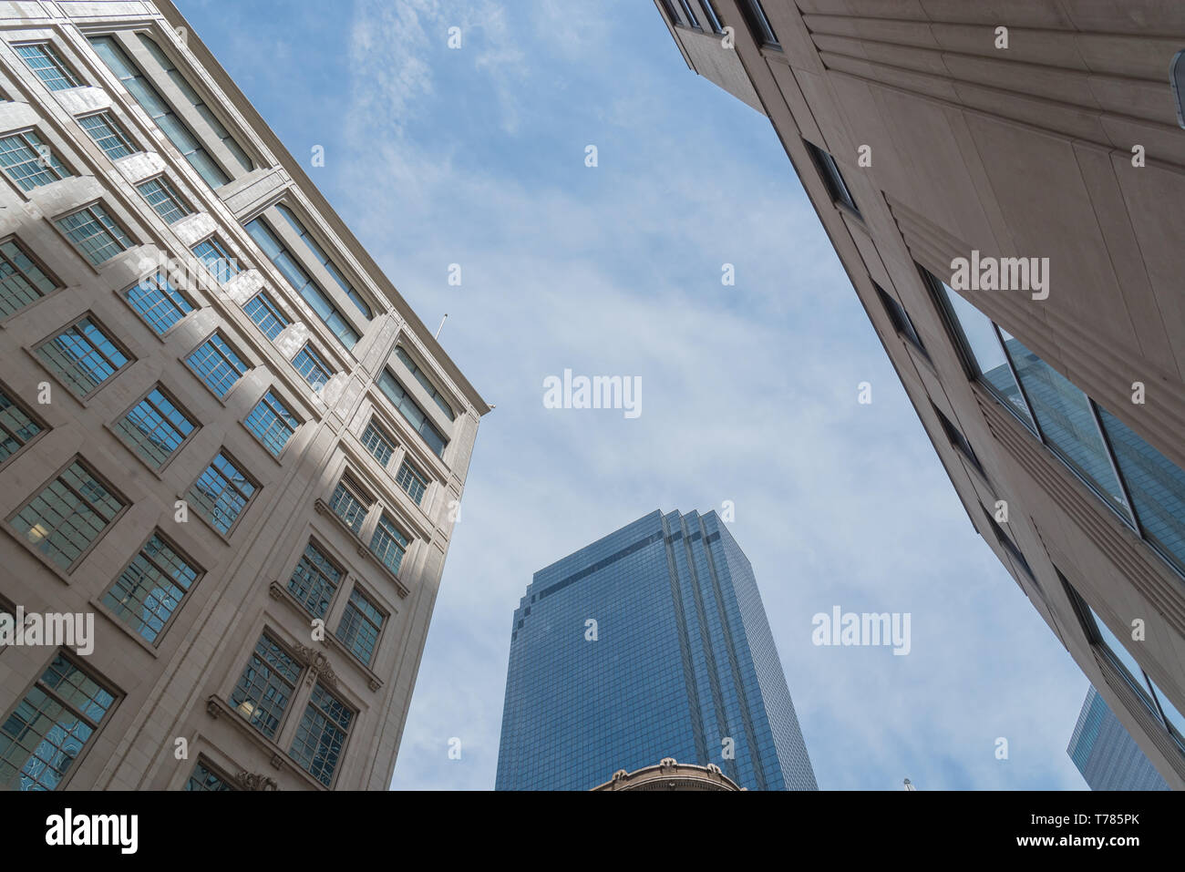 Low perspective angle view of Dallas skylines with cloud blue sky Stock ...