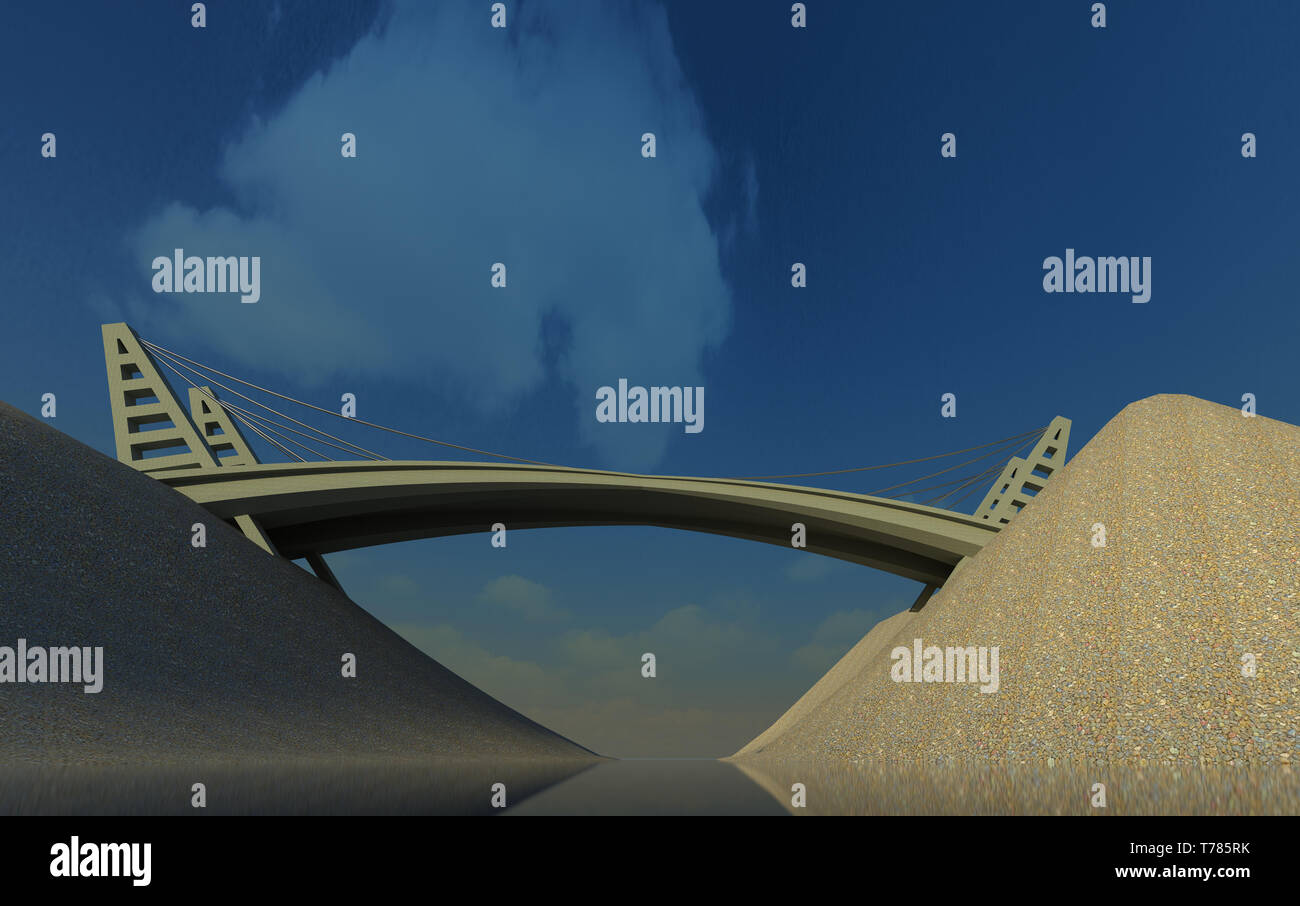 Bridge over the river 3D illustration. Architectural model design, rope ...