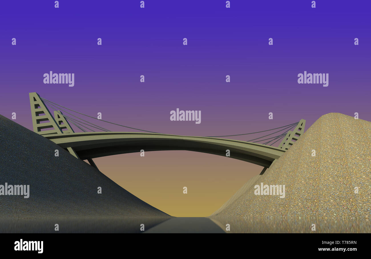 Bridge over the river 3D illustration 2. Rope bridge structure architectural design, river banks ...