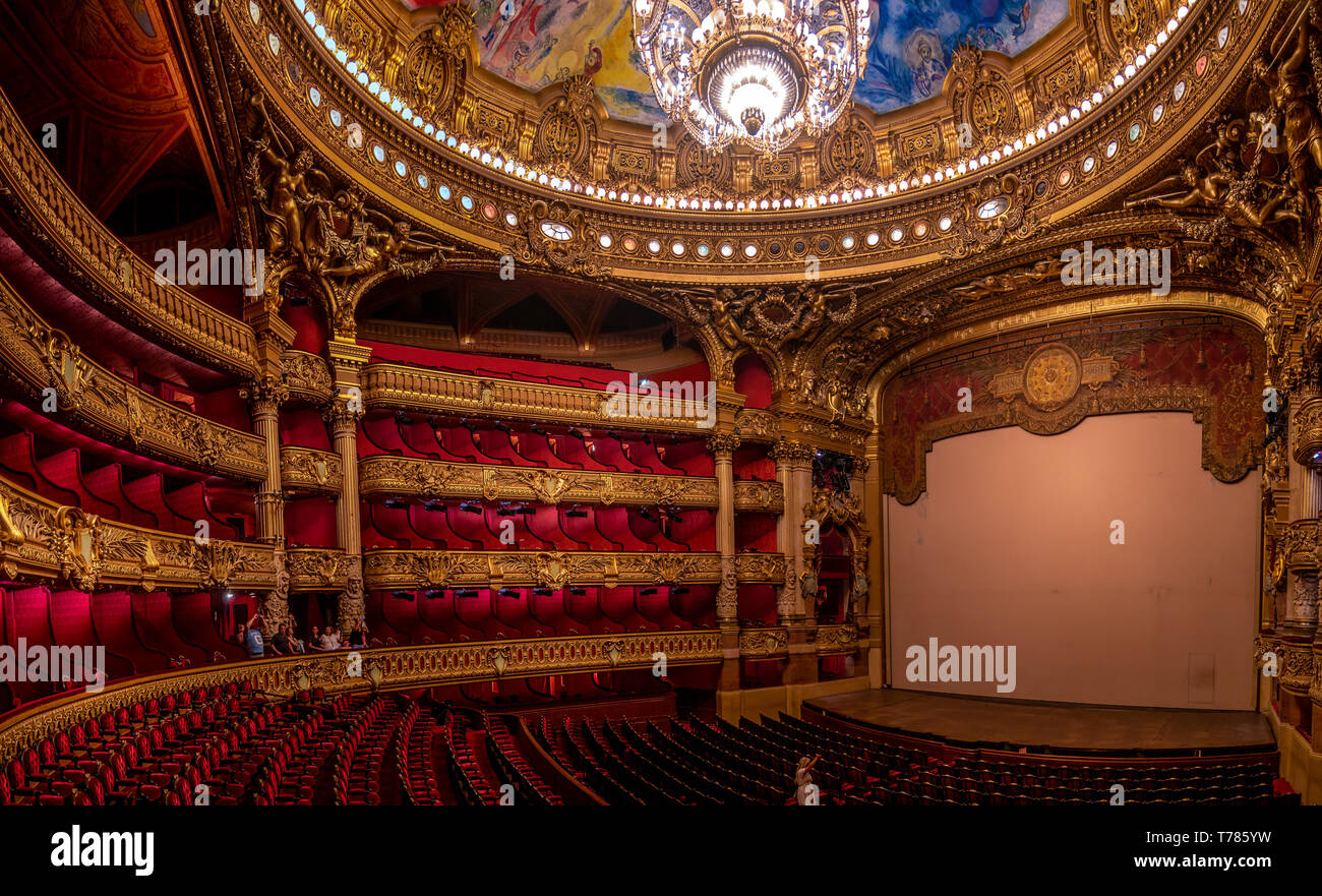 Paris, France, August 19,2018: Inside the auditorium of the Opera ...