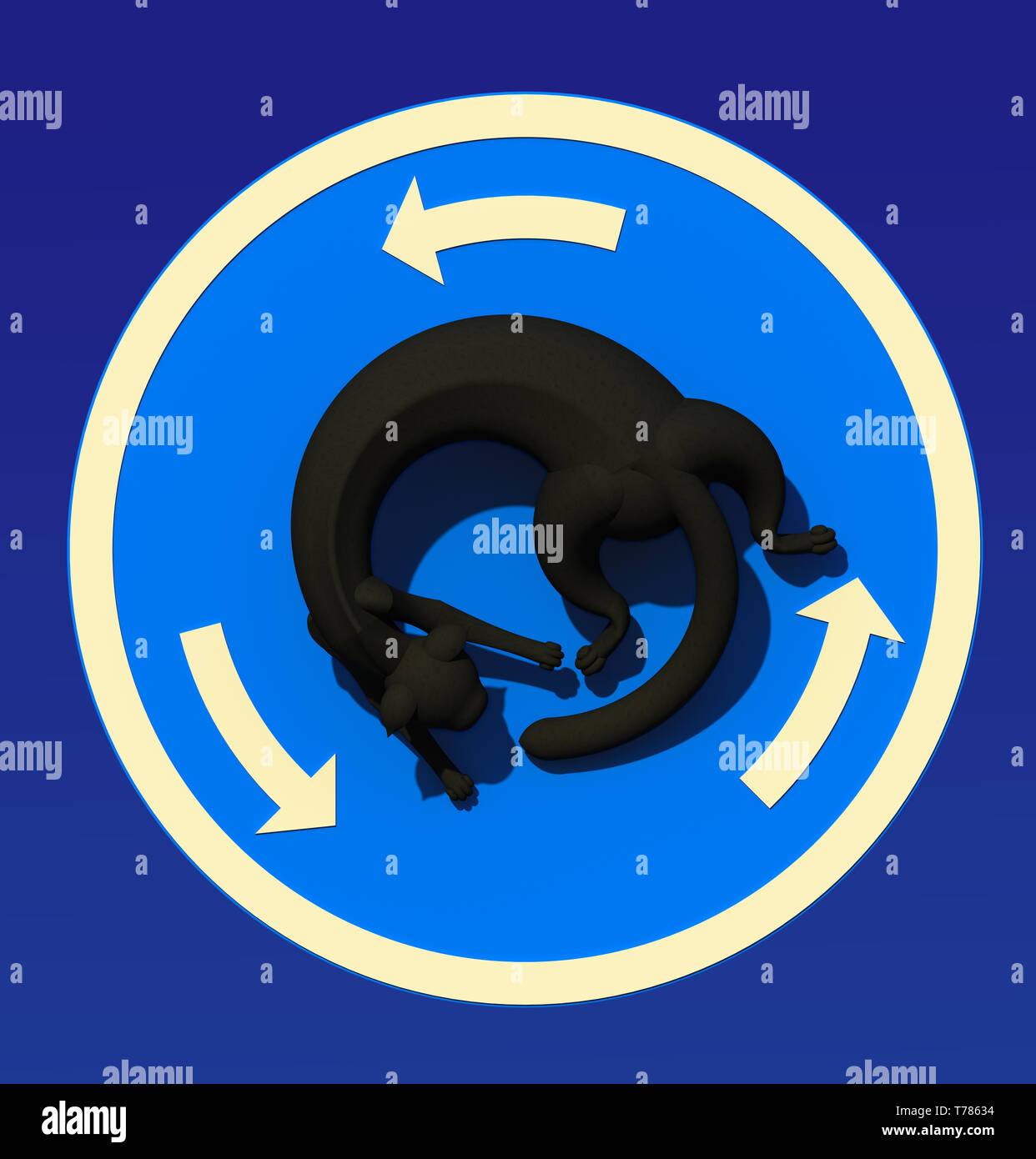 Circulation road sign with black cat chasing its tail 3D illustration ...