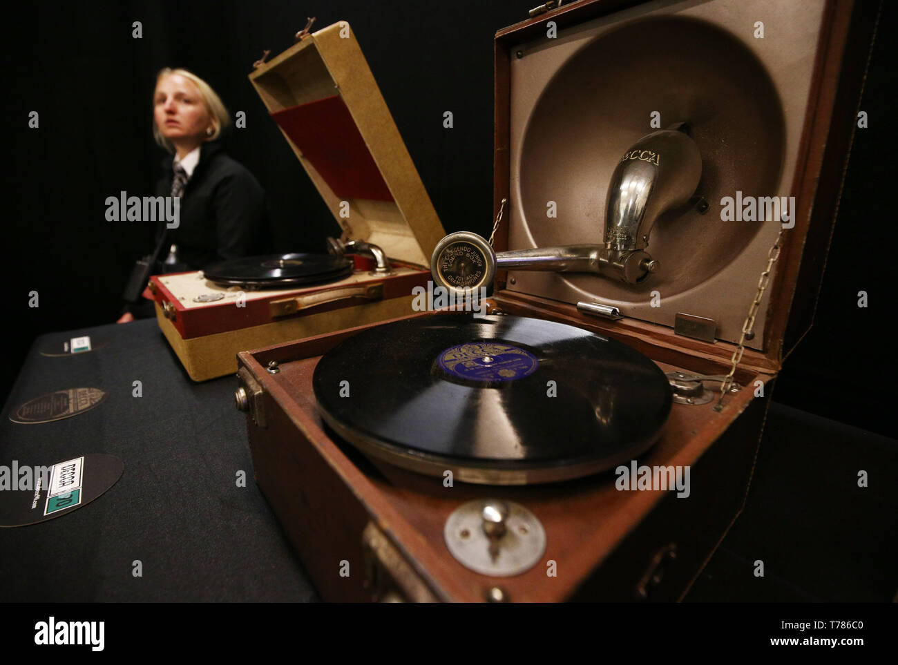 Portable gramophones made by the Decca Gramophone Company on display ...