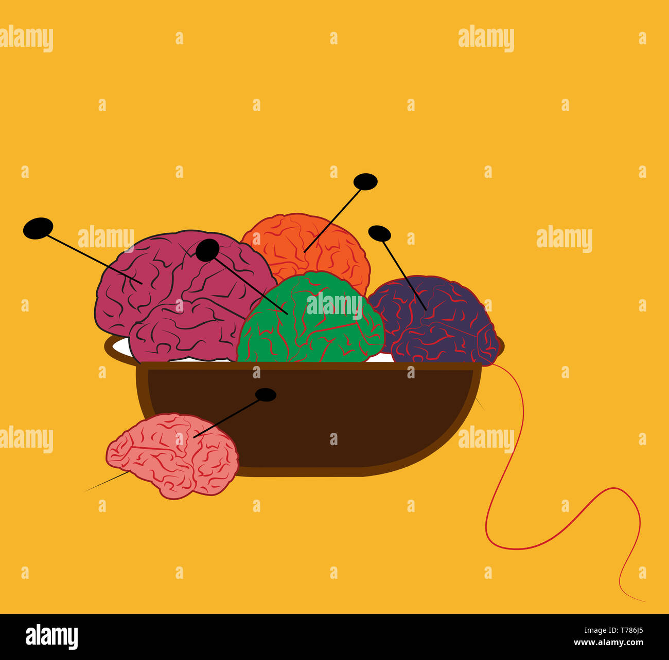 illustration of knitting brains of different colors in a basket Stock ...