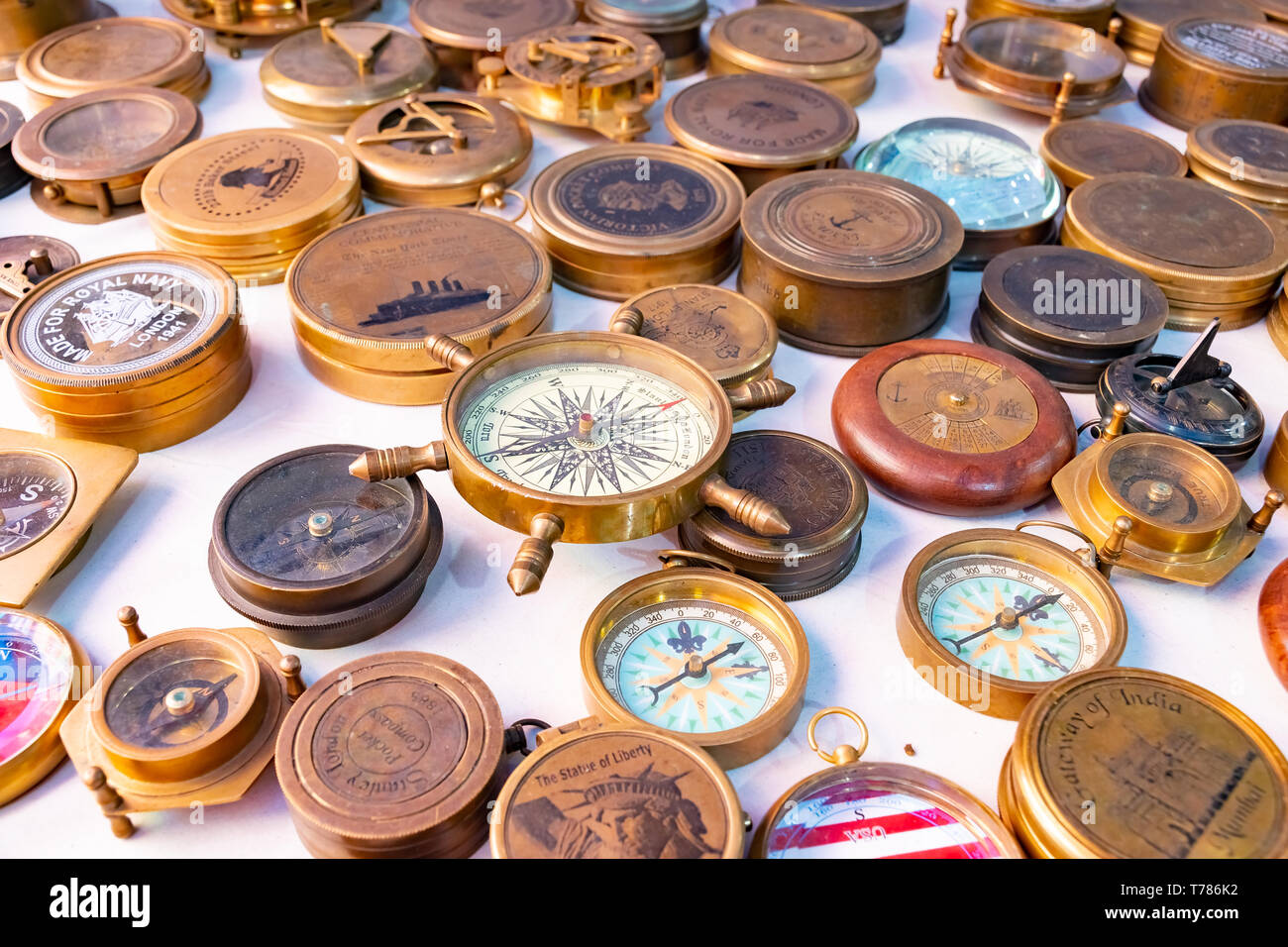 Beautiful and colorful vintage compasses, travel background Stock Photo ...