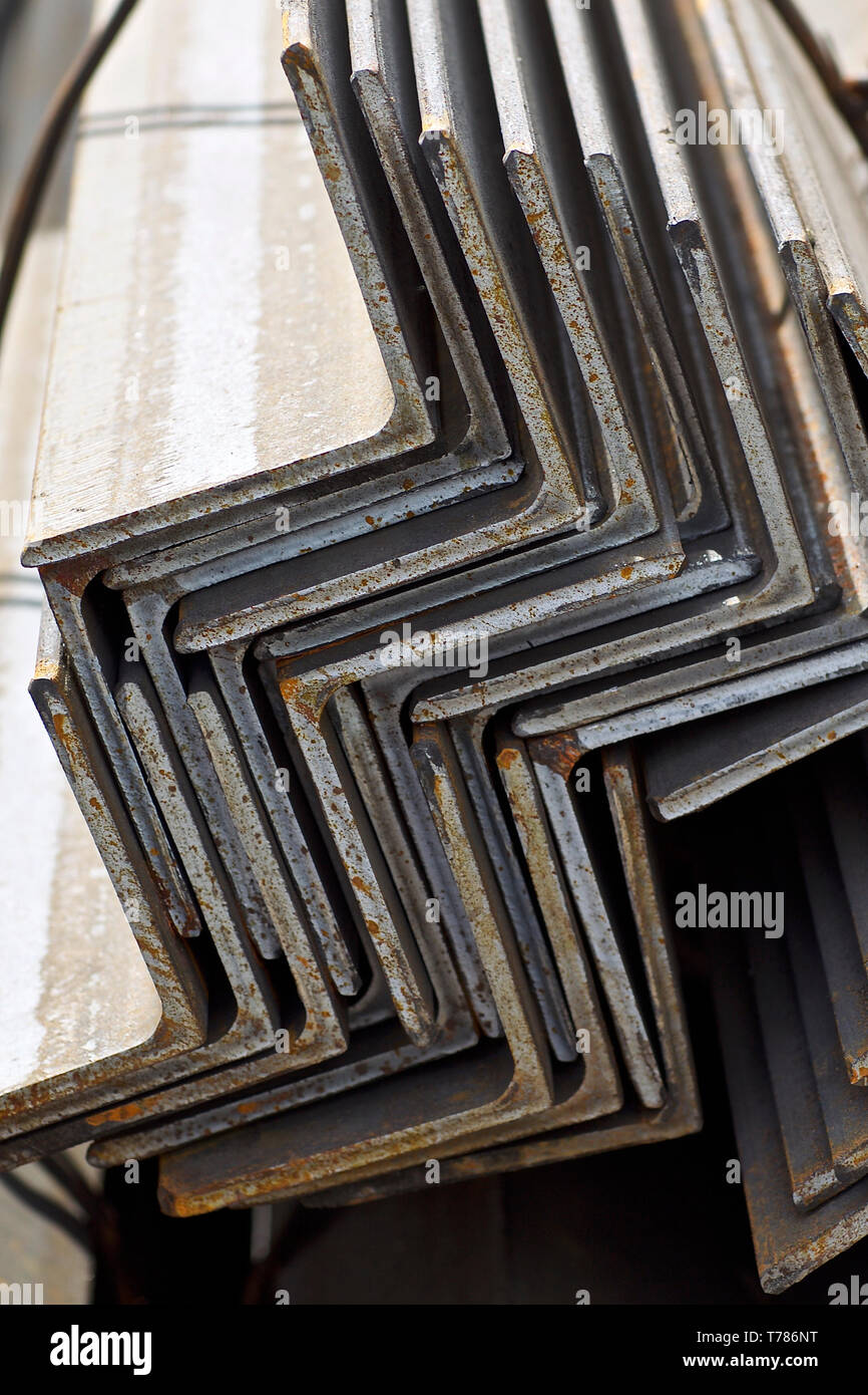 Metal profile angle in packs at the warehouse of metal products, Russia ...