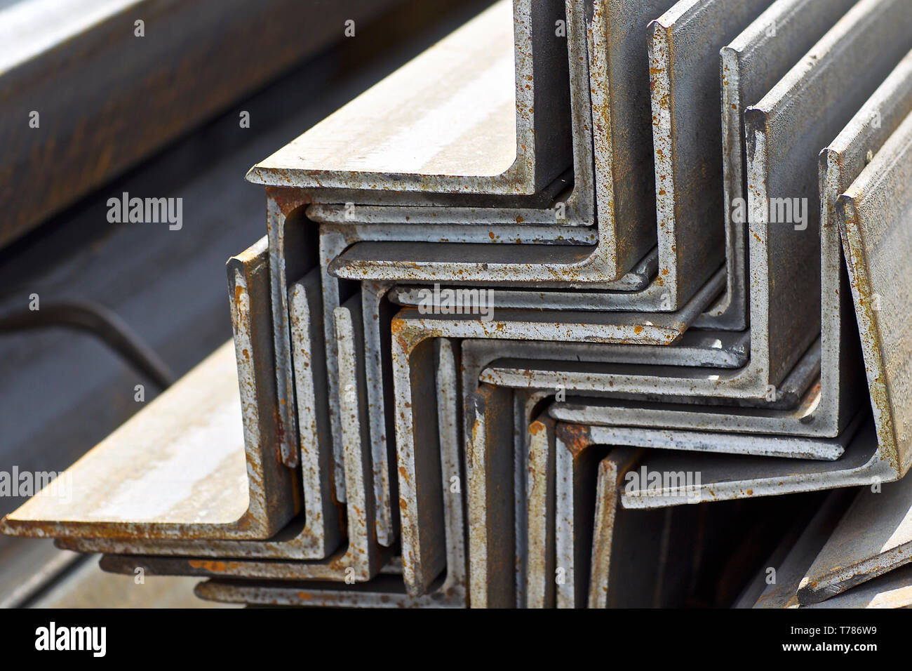 Metal profile angle in packs at the warehouse of metal products, Russia ...
