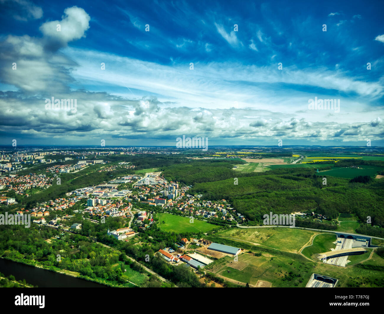 aerial view of plantation field next to highway in europe Stock Photo ...