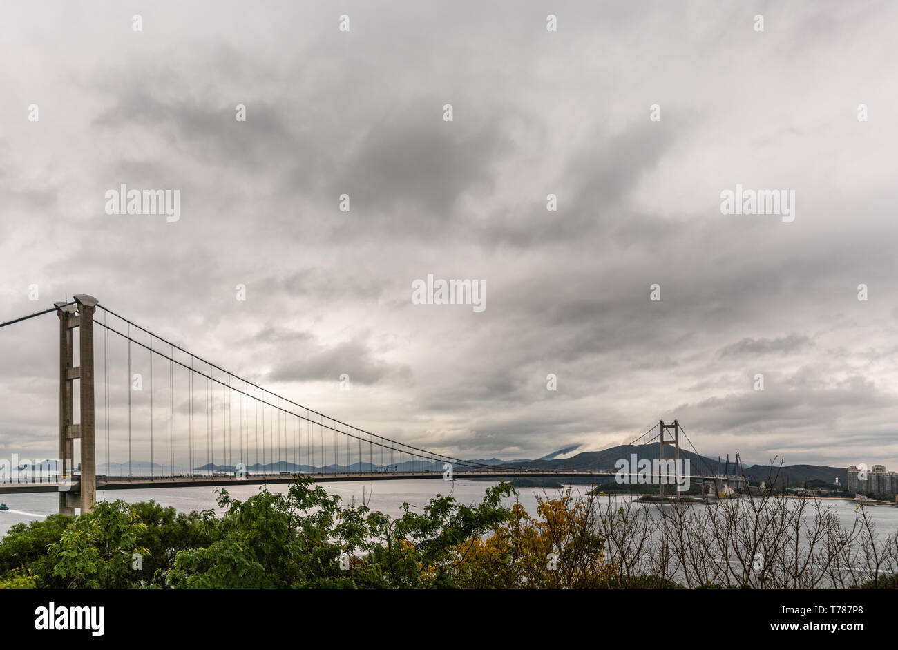 Hong Kong, China - March 7, 2019: Morning under dark rainy sky. Tsing ...