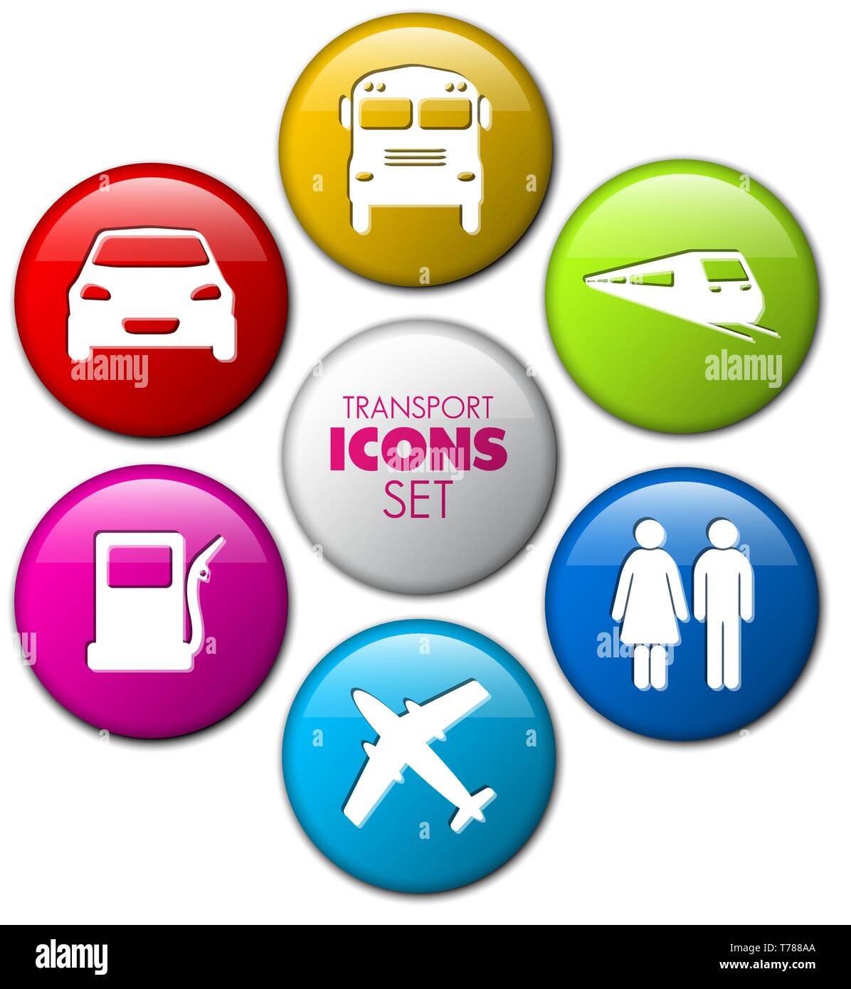 Set of round 3D transport buttons - car, bus, train, plane, gas station ...