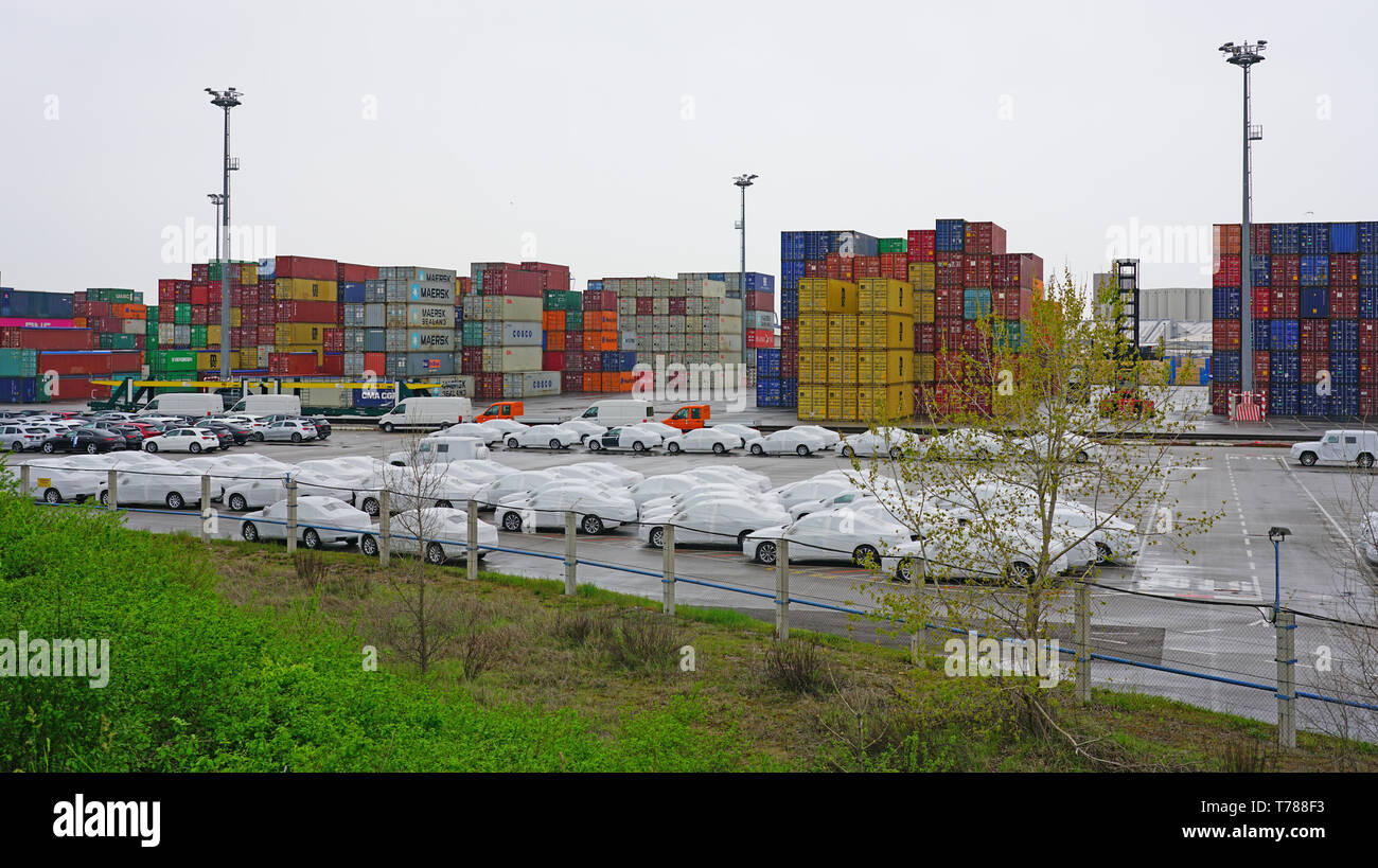 KOPER, SLOVENIA -12 APR 2019- View of cars for import and export in the ...