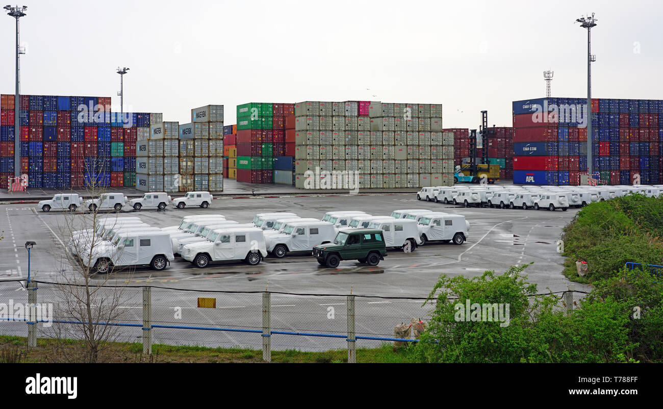 KOPER, SLOVENIA -12 APR 2019- View of cars for import and export in the ...