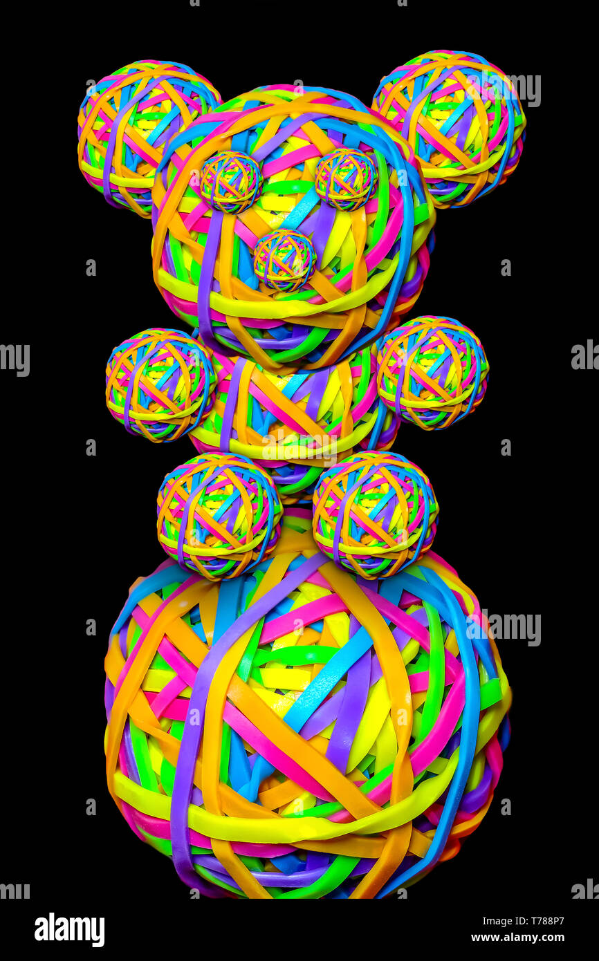 Cute Teddy bear made out of hundreds of multi coloured elastic bands ...