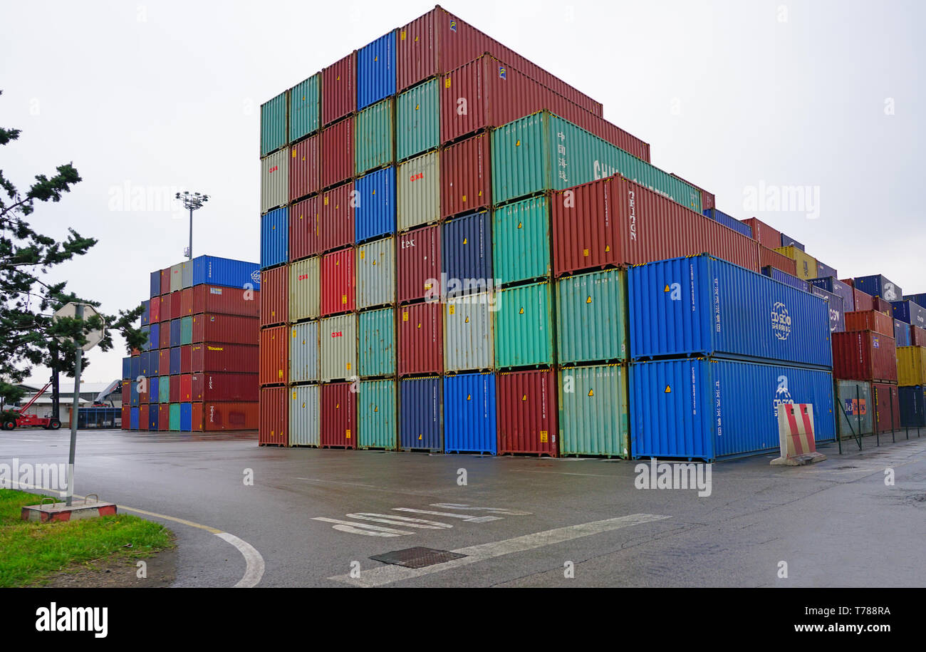 KOPER, SLOVENIA -12 APR 2019- View of cargo freight containers piled ...