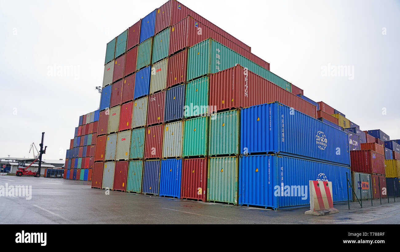 KOPER, SLOVENIA -12 APR 2019- View of cargo freight containers piled ...