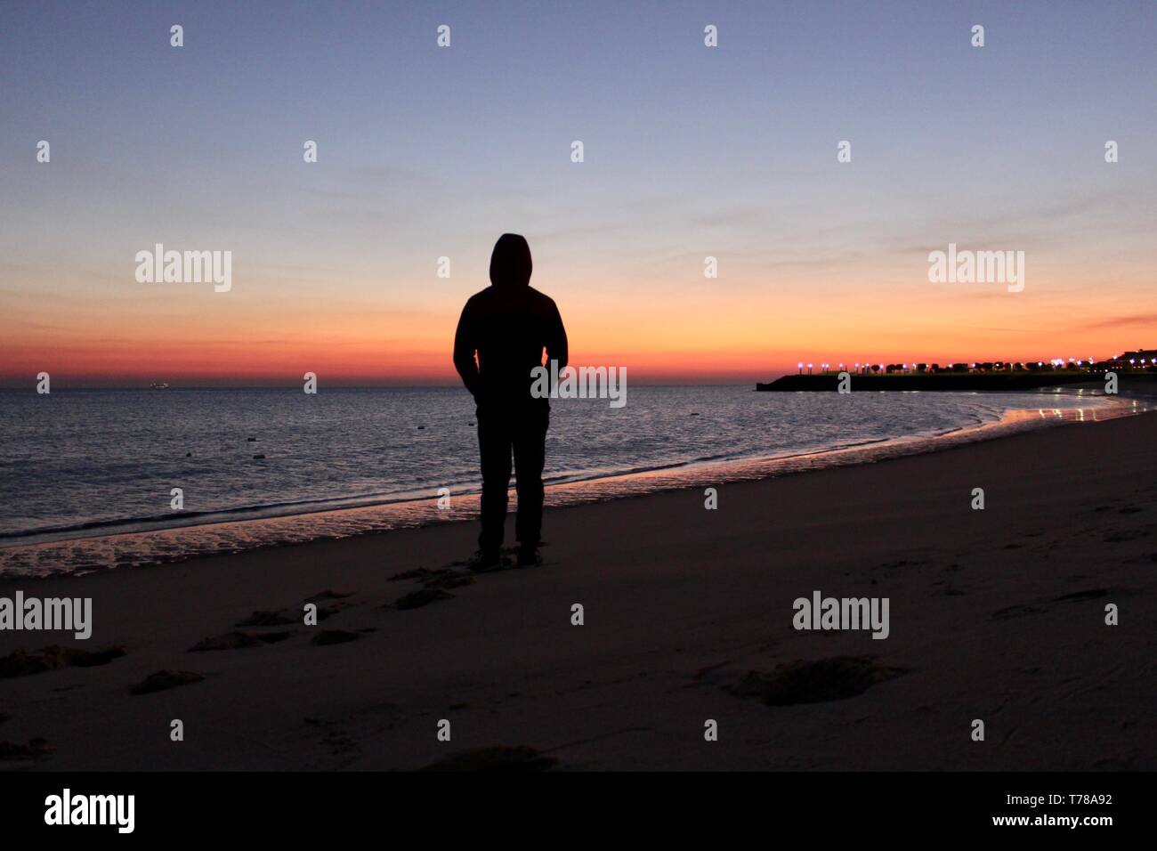 A man standing at the beach watching the sunrise hi-res stock ...