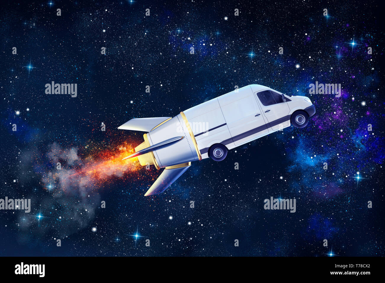 Super fast delivery of package service with flying van like a rocket ...
