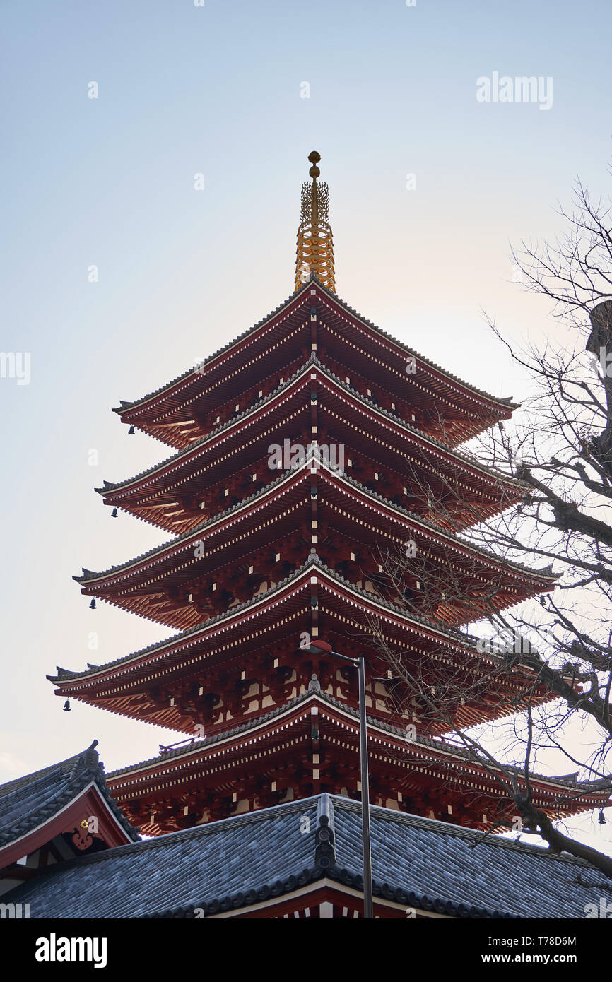 Sensoji (Senso-ji) Temple's five-storied pagoda with clear finial ...