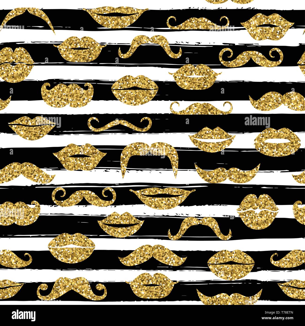 Gold moustache seamless pattern on white bacground with black hand ...
