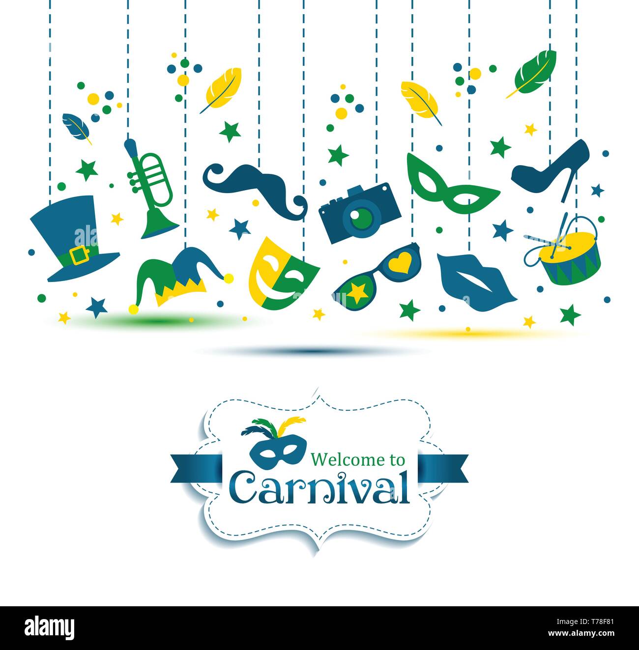 Bright vector carnival with icon in flat style and sign Welcome to ...