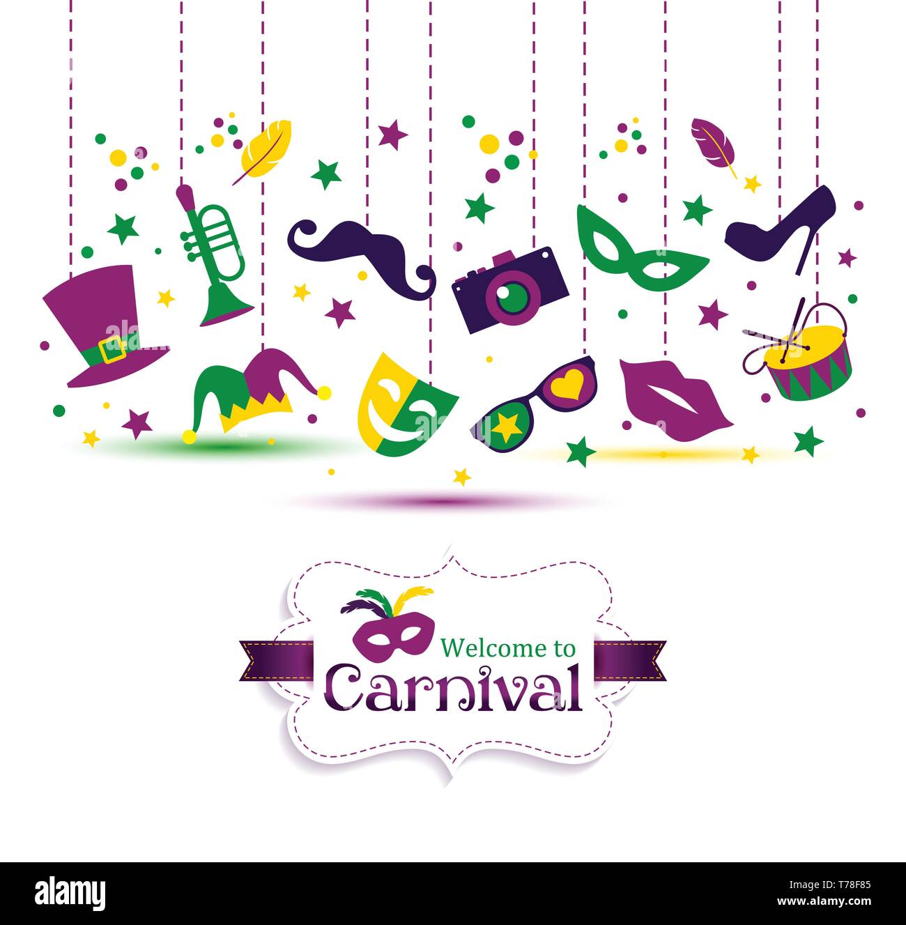 Bright vector carnival with icon in flat style and sign Welcome to ...
