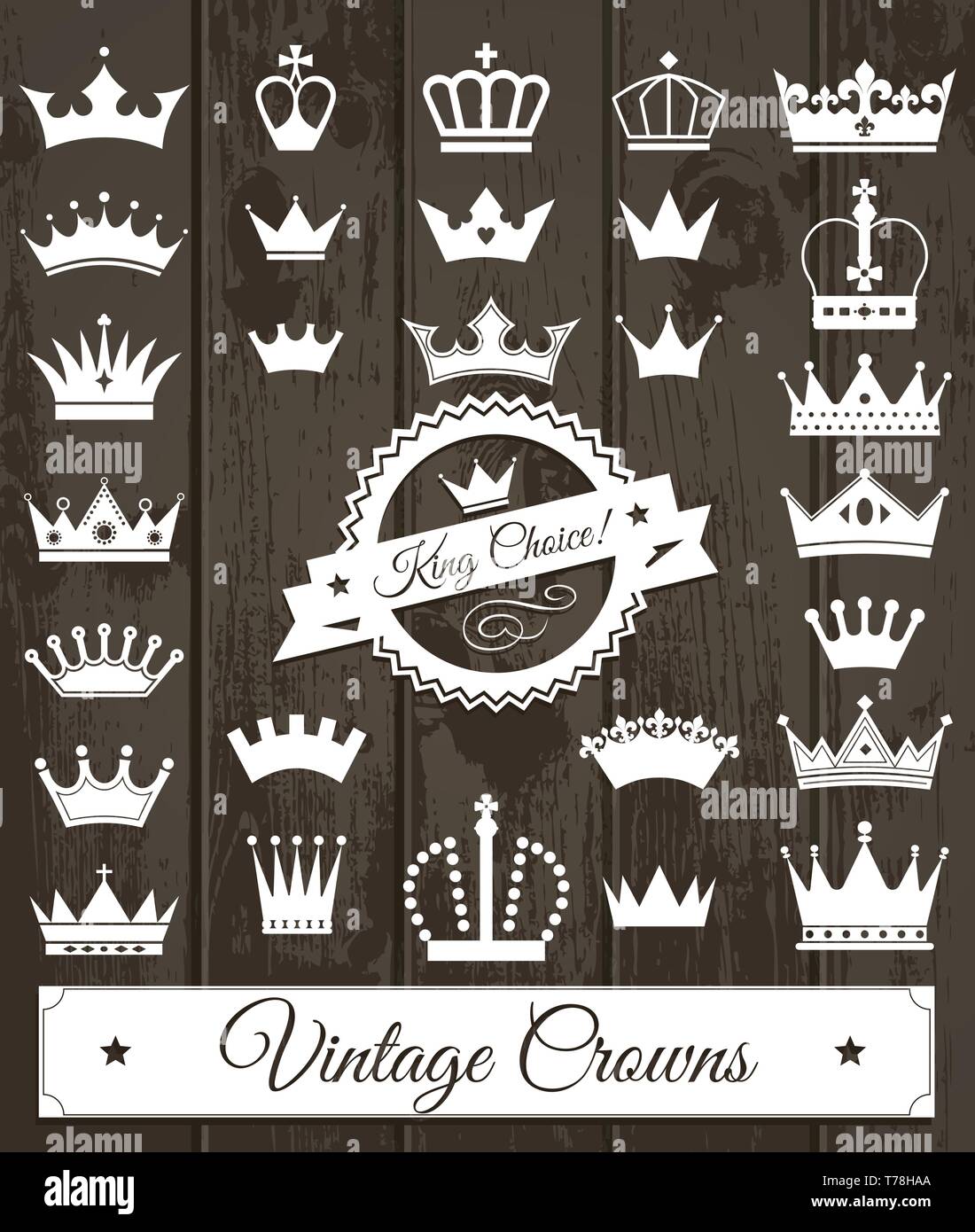 Crowns set . Flat design. Vector illustration of icons on wood Stock ...