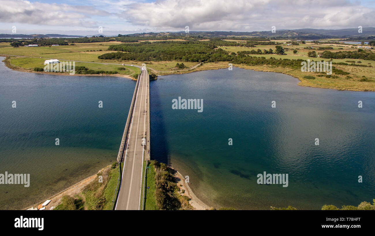 Aerial drone view of bridge en Chile. Bridge Quilo, Chiloe Island Chile ...