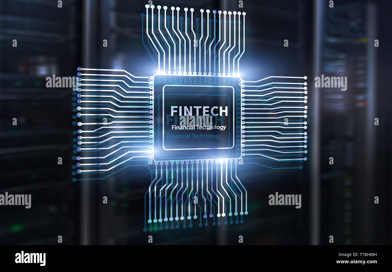 Fintech icon on abstract financial technology background. Cpu icon on ...