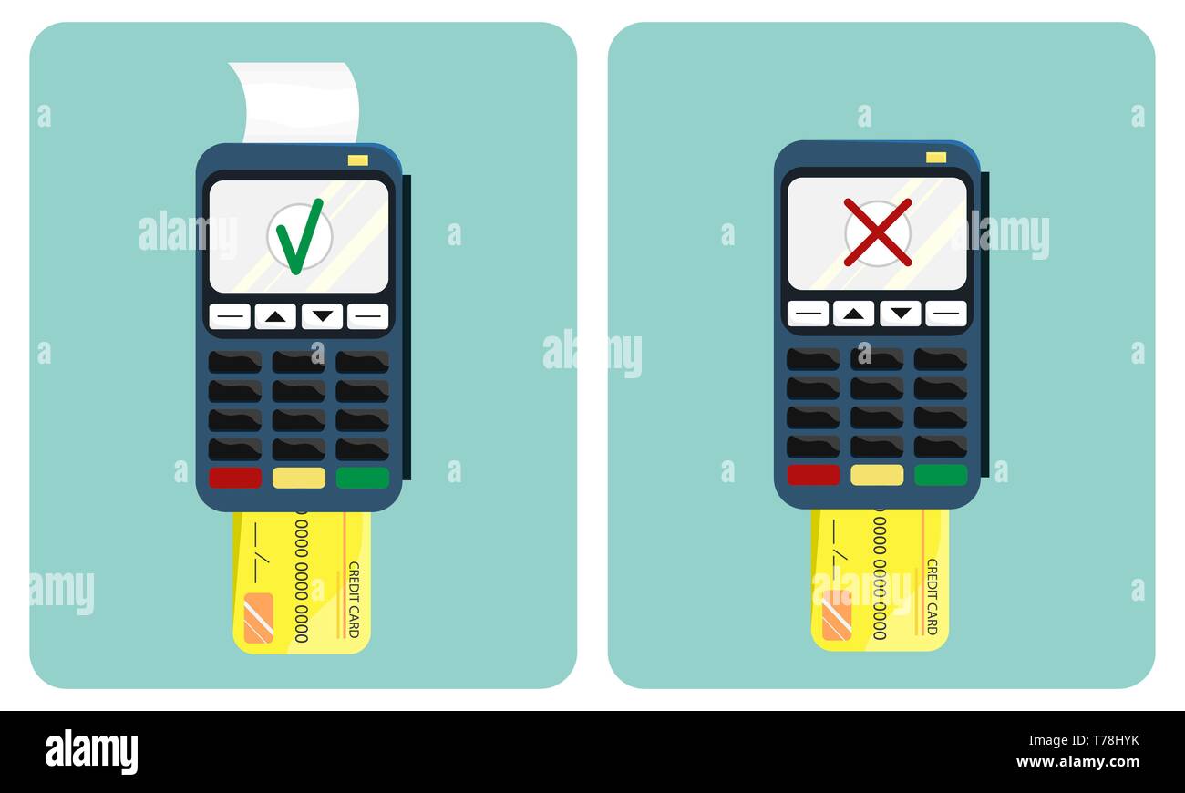 Flat illustration of the payment terminal and credit card. Approved and ...