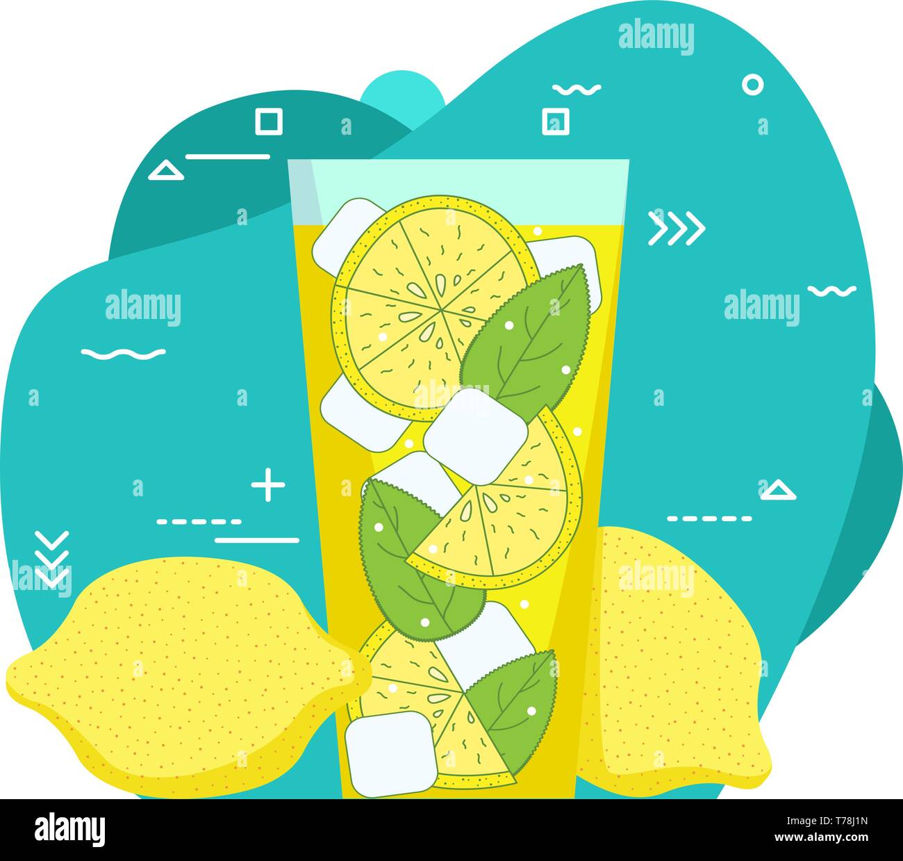 Glass of lemonade and ice cubes. Summer refreshing drink. Flat cartoon ...