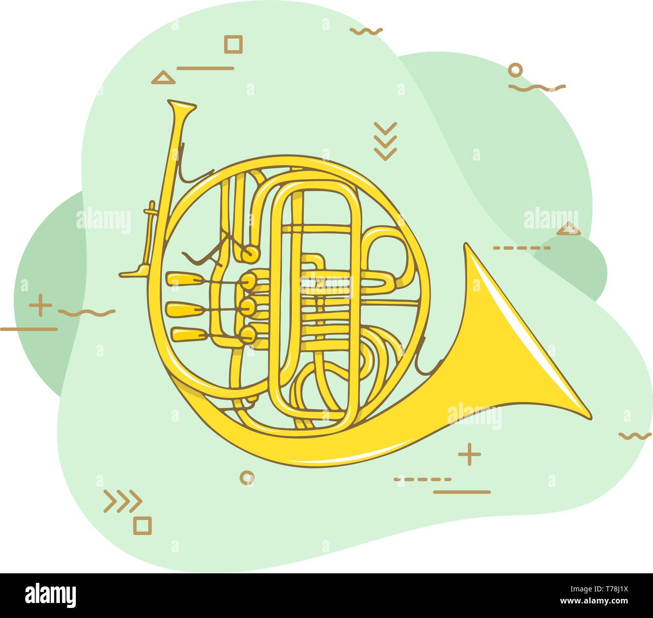 Hand drawn french horn. Wind musical instrument. Flat vector hand drawn ...