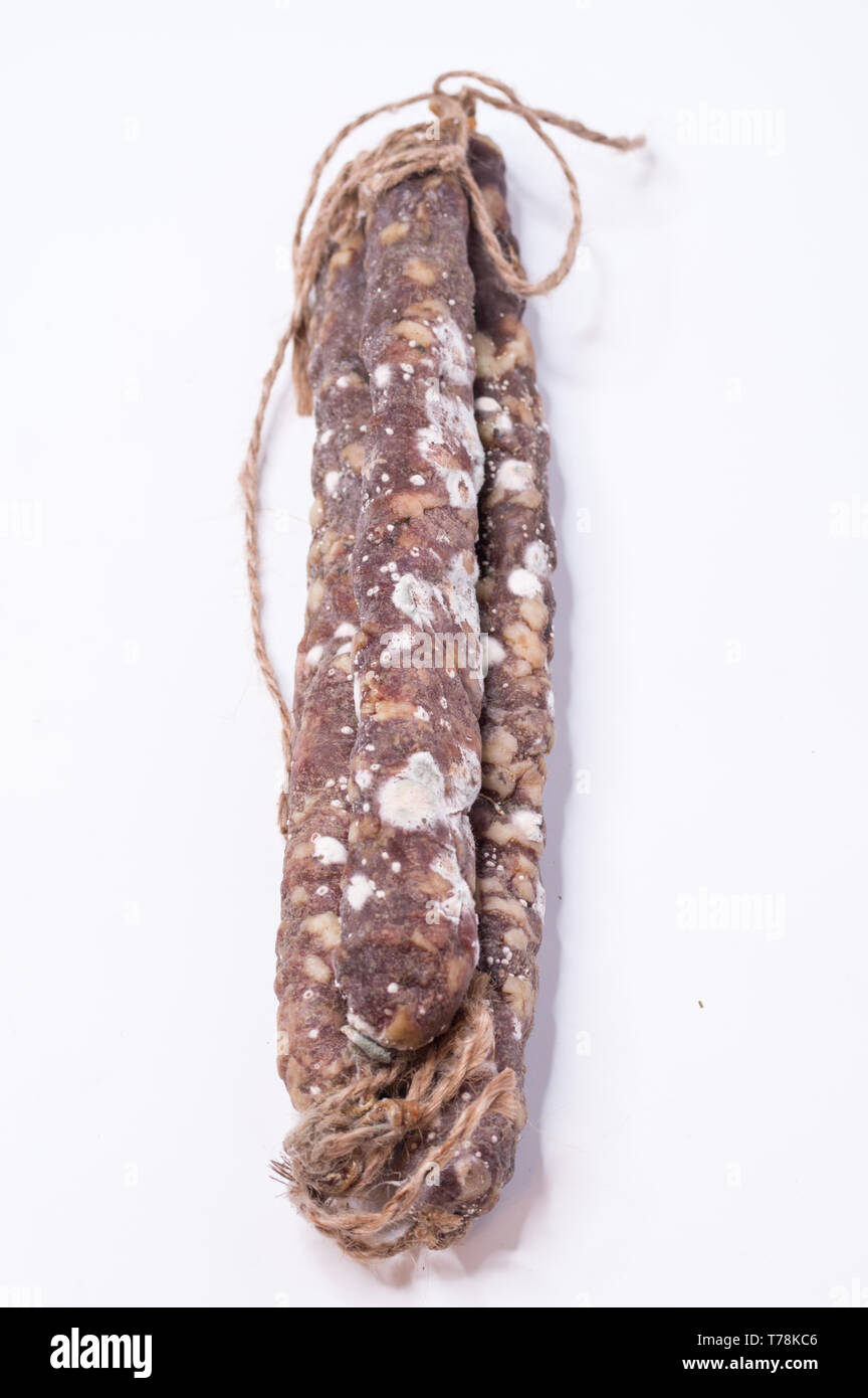 Homemade sausage with lard and mold. Sausage from pork. Vertical frame ...