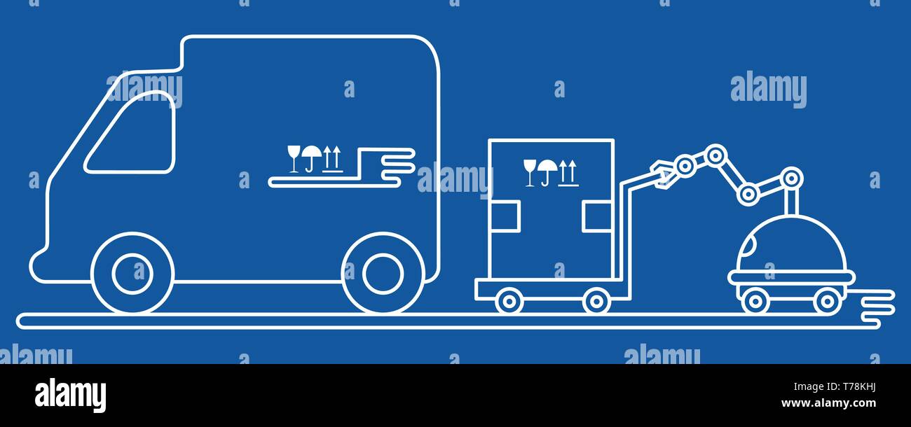 Vector illustration with robot loader loads boxes into a truck ...