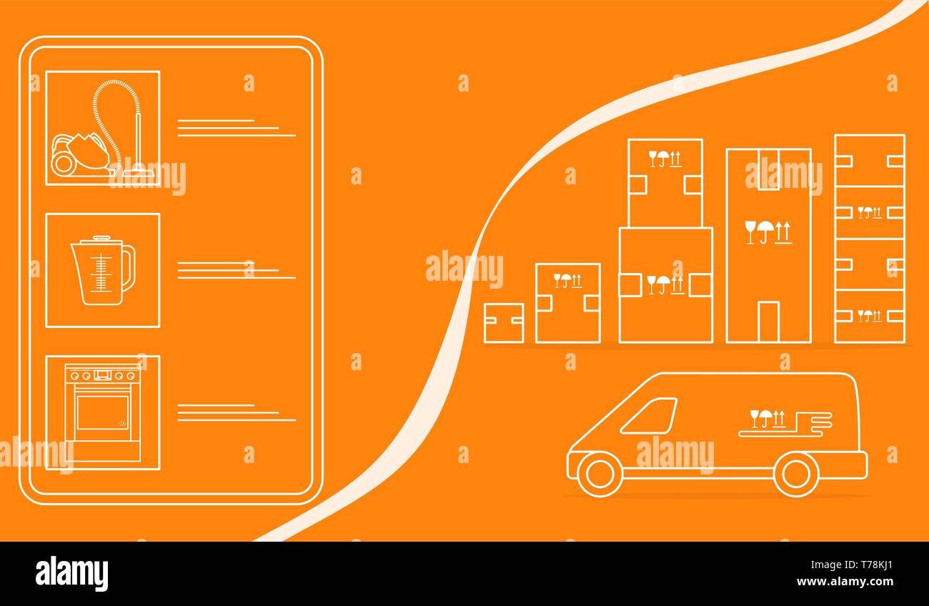 Vector illustration with order goods online. Warehouse, delivery. Cargo ...