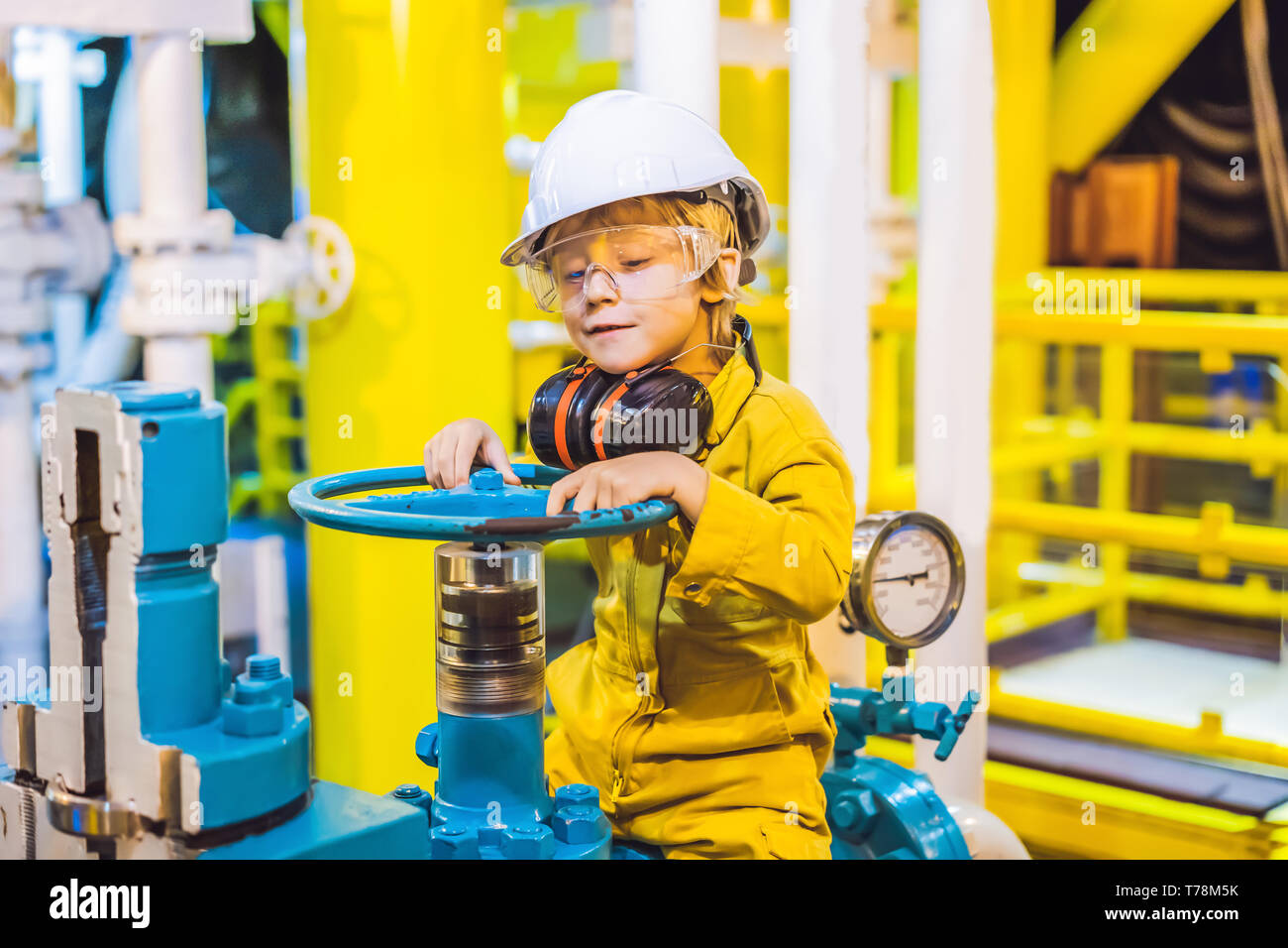 Boy operator recording operation of oil and gas process at oil and rig ...