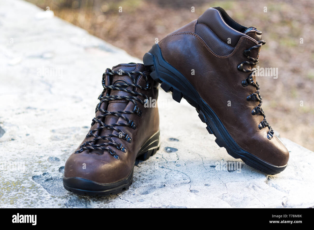 Men's leather shoes for tracking. Brown high boots. Boots with laces ...