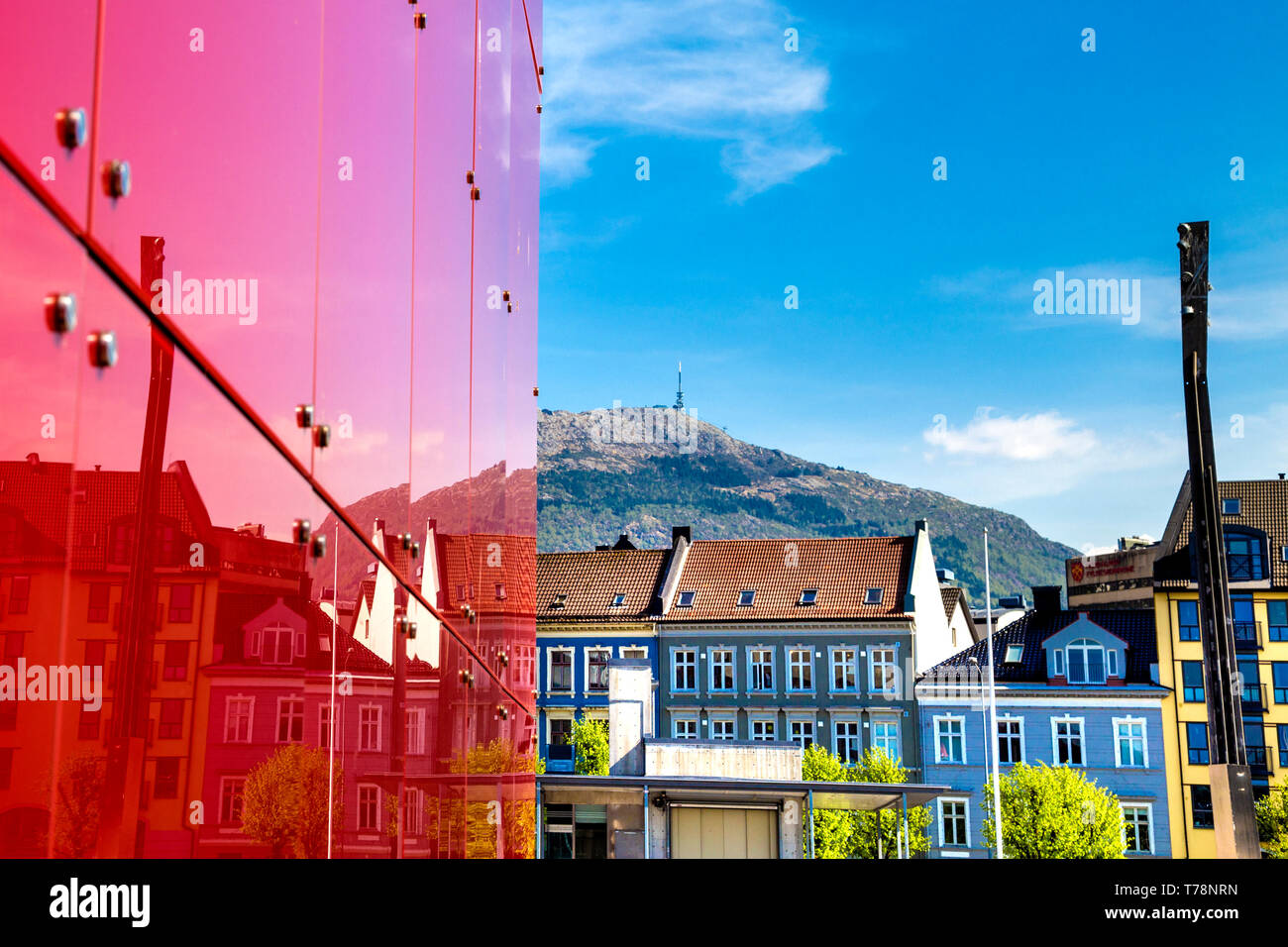 Exterior of The Grieg Hall, Edvard Griegs' Square, houses and the peak ...